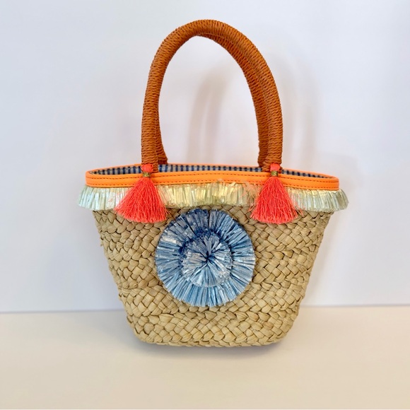 Milly | Bags | Milly Pom Pom Straw Small Tote With Orange And Blue ...